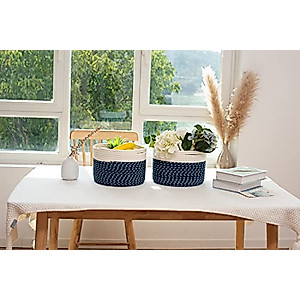 LixinJu Small Baskets for Organizing Small Woven Basket Set of 2 Blue Small Rope Basket Set with Handle for Toy Cotton Round Storage Kids Baby Dog Cat Gifts, 9.5"x9.5"x7"