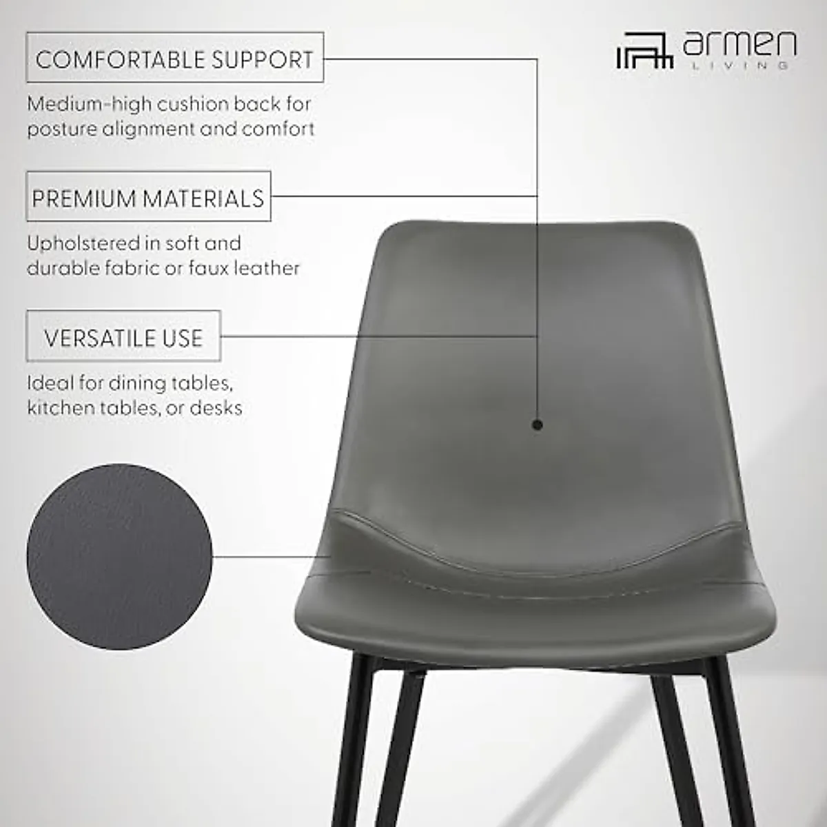 Armen Living Monte Mid Century Modern Dining Accent Chair for Table Kitchen Desk Vanity in Charcoal Gray Faux Leather with Black Metal Legs