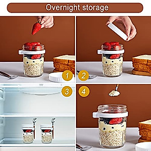 Overnight Oats Containers with Lids 2, 10oz Wide Mason Jars with Spoon - Great for on-the-go cereal containers - Very convenient for use on the go, Sealed glass jars are ideal for home, office or on-the-go (White)