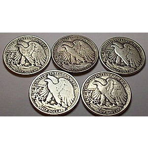 Count of 5 - Walking Liberty Half Dollar 5 Different Dates XF/VF 90% Silver Fine to Extra Fine