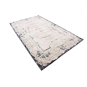 Unique Loom Chateau Collection Rustic, Vintage, Medallion, Textured, Distressed, Traditional Area Rug, 5 ft x 8 ft, Beige/Navy Blue