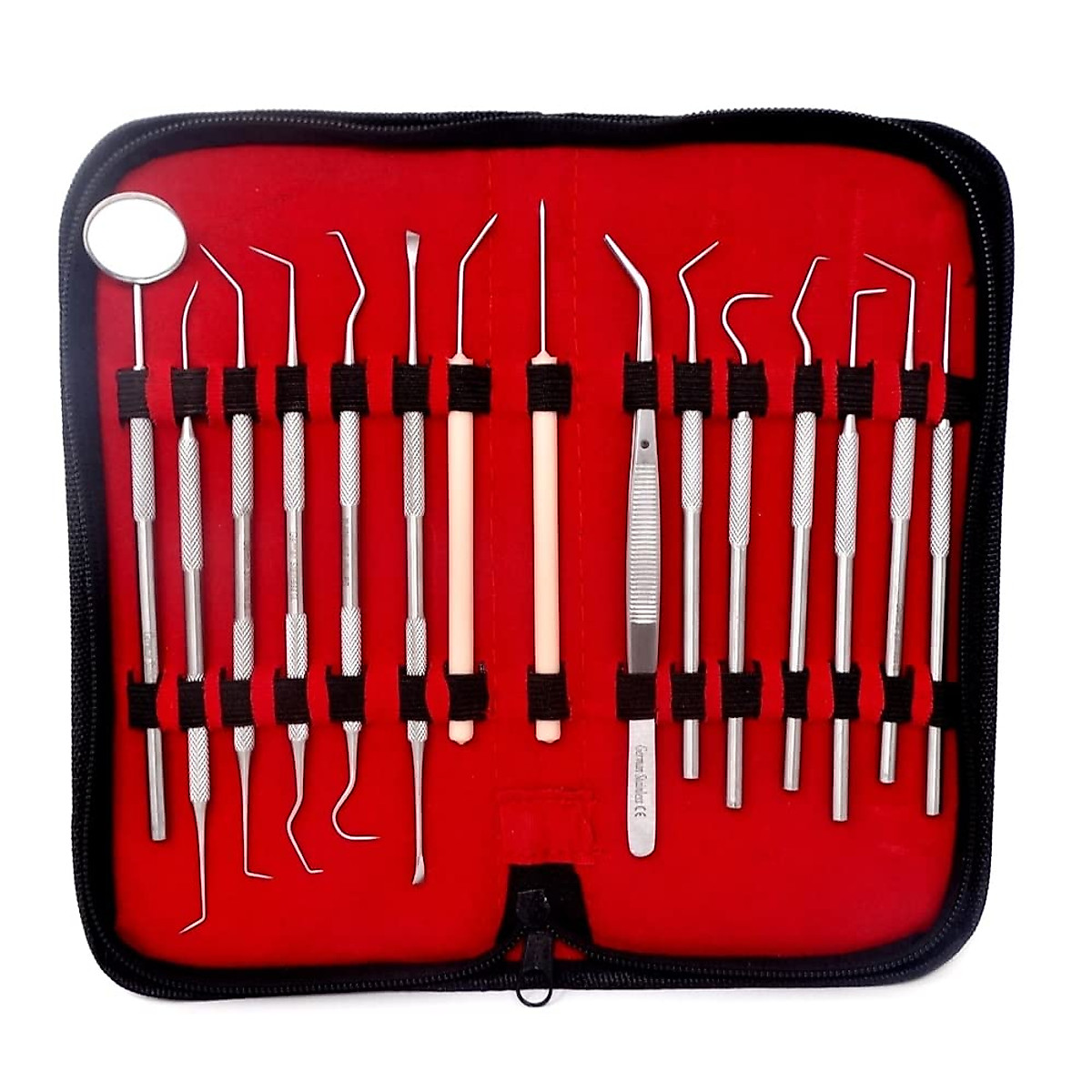 15 Pcs Oral Hygiene Kit Plaque Remover Professional Dental Picks Set Double & Single Ended Picks + Scraper, Mouth Mirror & Tweezers for Gum Care Cleaning Set Stainless Steel with Carrying Case