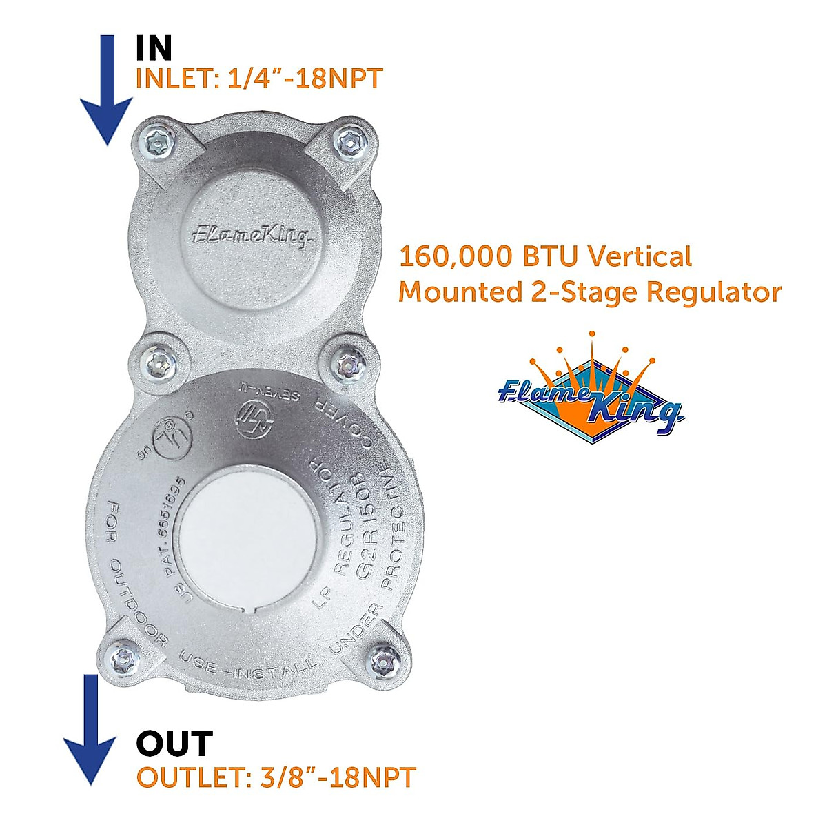 Flame King 160,000 BTU Vertical Mounted 2-Stage Propane LP Regulator for RVs, Vans, Trailers, Campers, 100LB Tanks, ASME Tanks, Generators