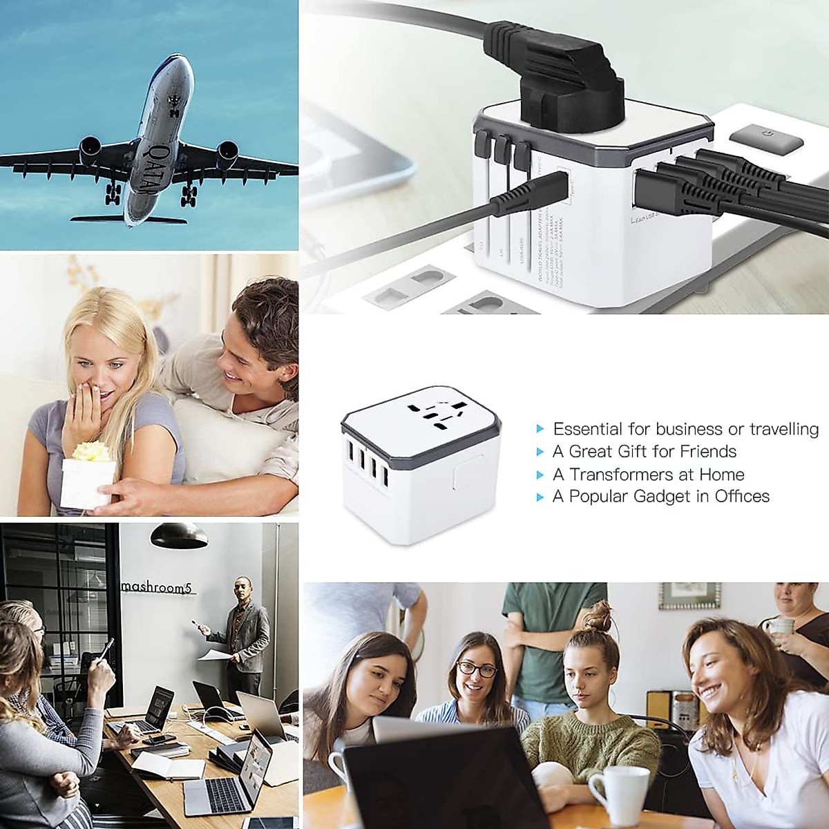 Universal Power Adapter, USB International Travel Adaptor All in One Worldwide Plug Fast Charger Outlet with 4 USB Ports AC Socket for US to AU UK Europe Over 224 Countries