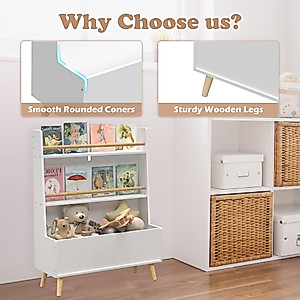 Kids Bookshelf and Toy Storage, 3-Tier Kids Bookcase, Toy Storage Cabinet Organizer for Playing Room, Bedroom, Nursery (White)