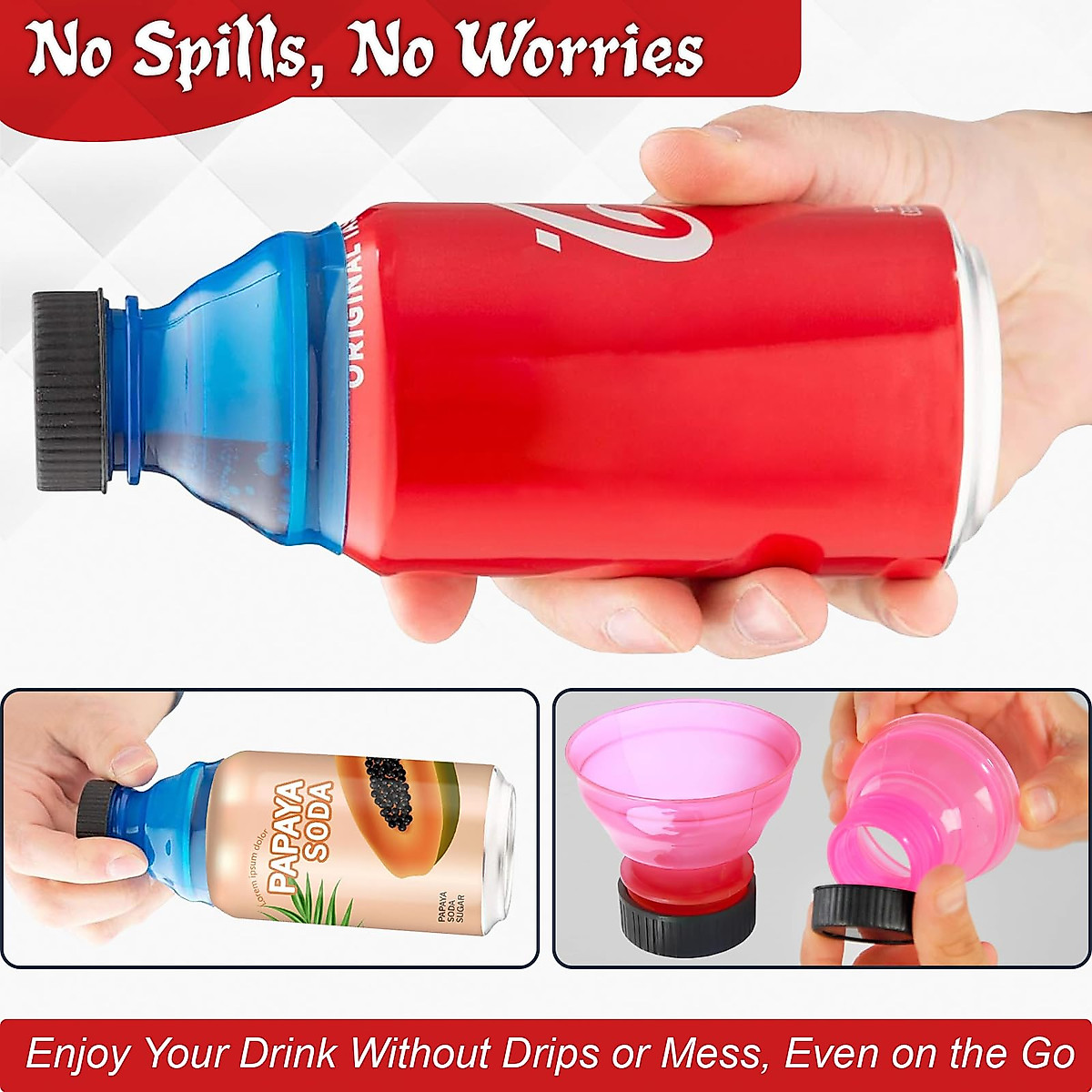 HOME-X Plastic Soda Can Cap, Reusable Soda Can Drink Lids, Colorful Covers for Soft Drinks, 2 ¼" Diameter x 2 ¼ “ H, Set of 6, Multi Colors