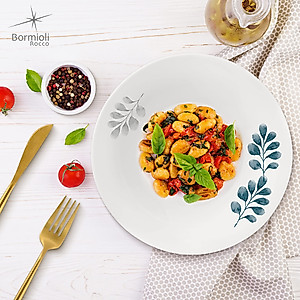 Bormioli Rocco Set Of 6, White Moon Botanica Blue 9 Inch Pasta Bowls Tempered Opal Glass Dishes, Dishwasher & Microwave Safe, Made In Spain.