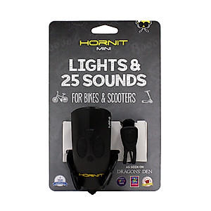 Hornit Mini, Bike & Scooter Horn and Safety Light for Children and Kids, 25 Sound Effects, 6 Light Modes: White Safety Light and Funky Green Light, Black/Black
