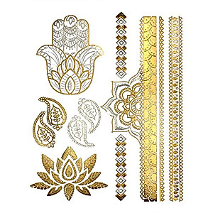 Terra Tattoos Gold Metallic Temporary Tats Geometric Henna Designs Waterproof Nontoxic Long Lasting Perfect for Beach, Festivals, & more! (Maya)