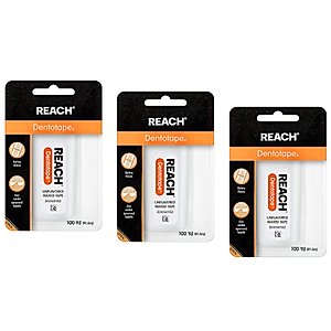 Reach Dentotape Waxed Dental Floss with Extra Wide Cleaning Surface for Large Spaces between Teeth, Unflavored, 100 Yards (Pack of 3)