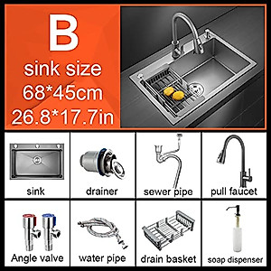 Kitchen Sink, Black Single Bowl Kitchen Sink, Stainless Steel Kitchen Sink, Top Mount (Color : B, Size : 68 * 45cm)