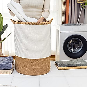 Homlikelan 72L Woven Laundry Basket,Tall Wicker Laundry Basket for Blankets,Clothes,Pillows,Toys,Shoes Large Cotton Laundry Hamper for Bedroom Living Room Bathroom Nursery White Brown