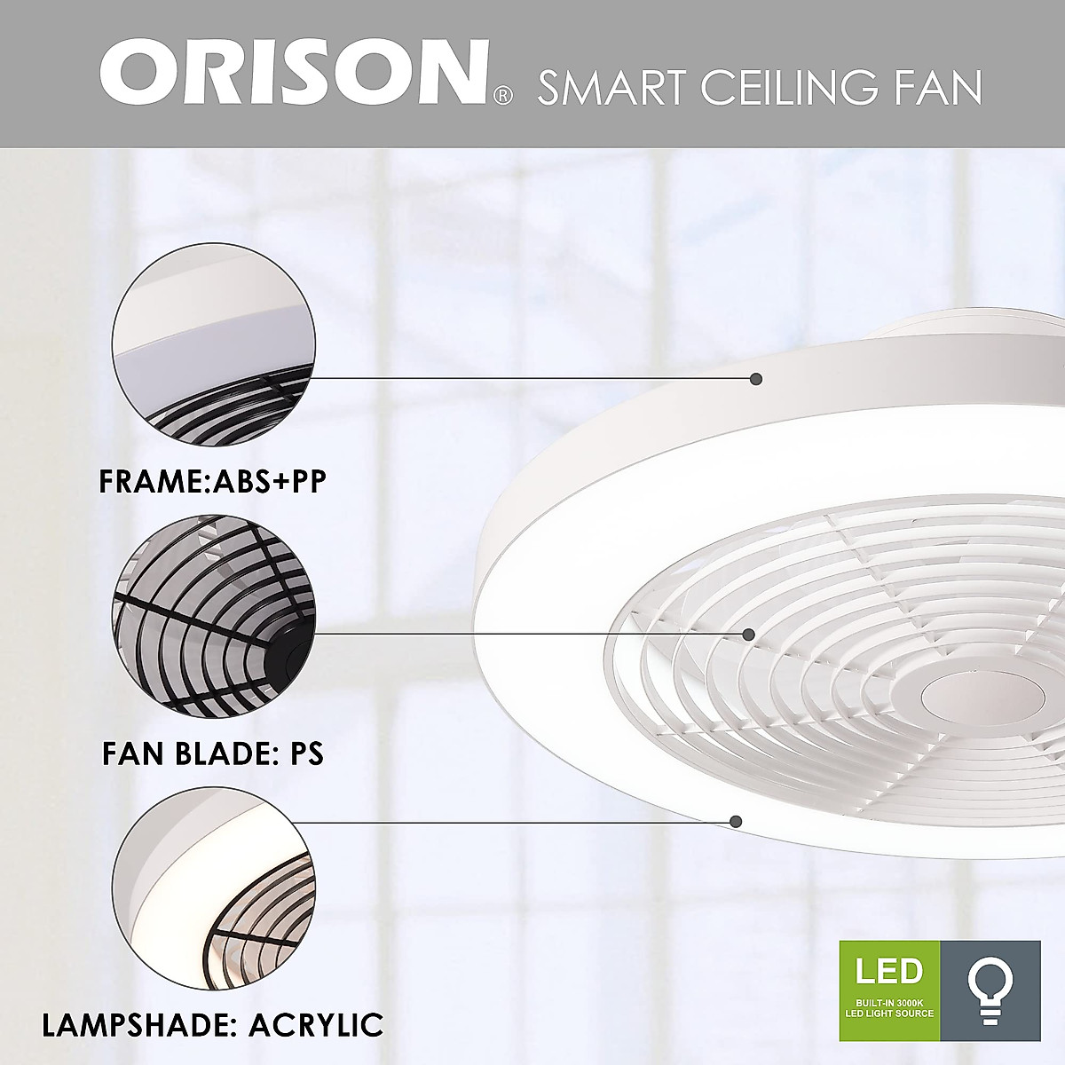 Orison Enclose Low Profile Ceiling Fan with Remote, 19.7" Smart Bladeless ,3 Colors Dimmable LED 6 Speeds 8 Blades for Adult Kids Living Room Bedroom