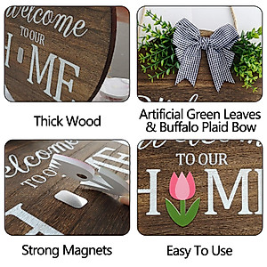 Seasonal Welcome Door Sign Interchangeable Welcome to Our Home Wood Round Wreath with Buffalo Check Plaid Bow Outdoor Holiday Decoration for Spring Summer Autumn Winter 14 Pieces Hanging Ornaments
