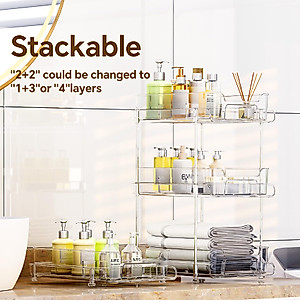 Under Sink Organizer, 2 Packs Bathroom Organizers and Storage,Stackable Multi-purpose 2 Tier Pull out Clear Medicine Cabinet Drawer Bins for Bathroom, Kitchen, Pantry, Closet, Countertop with Deviders