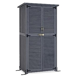 MCombo Outdoor Wooden Storage Cabinet, Garden Tool Shed with Latch, Outside Tools Wood Cabinet with Double Doors for Patio 0808 (Grey, Medium)