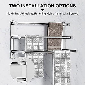 Mlesi Towel Bars Freely Retractable 17-31 Inches Bathroom Towel Rack with Hooks,SUS304 Stainless Steel 3-Tiers Towel Rails Wall Mounted No Drill Sdjustable,Bathroom Towels Shelves Rack with Adhesives