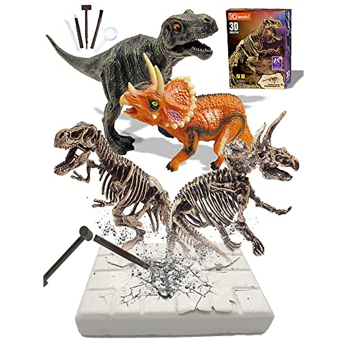 Dinosaur Fossil Dig Kit, Dino Excavation Kits for Kids, Educational Science Kits, Dinosaur Toys for Kids, Dig up 2 3D Skeleton Puzzles and 2 Dinosaur Figures Including T-Rex, Triceratops