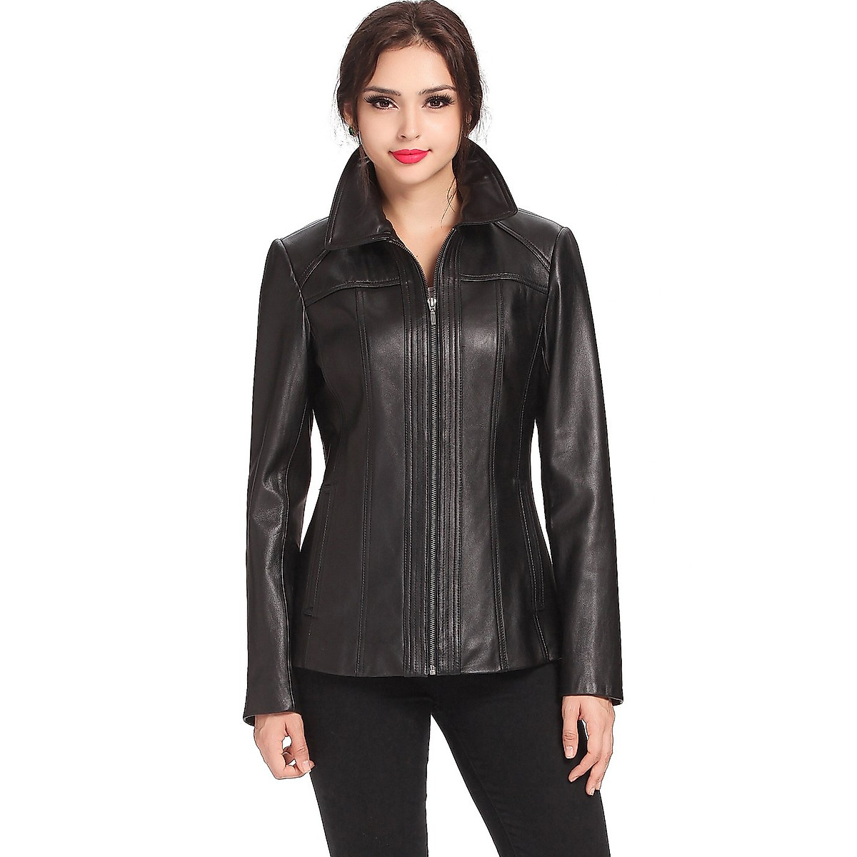 BGSD Women Ellen Lambskin Leather Jacket (Also available in Plus Size & Petite), Black, X-Large Petite