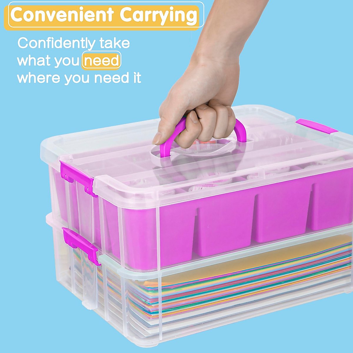 TERGOO 2 Layer Plastic Storage Containers with Removable Tray, Multipurpose Stack & Carry Box with Lid, Portable Craft Organizers and Storage Bin for Organizing Art & Craft Supplies, Crayon(Purple)