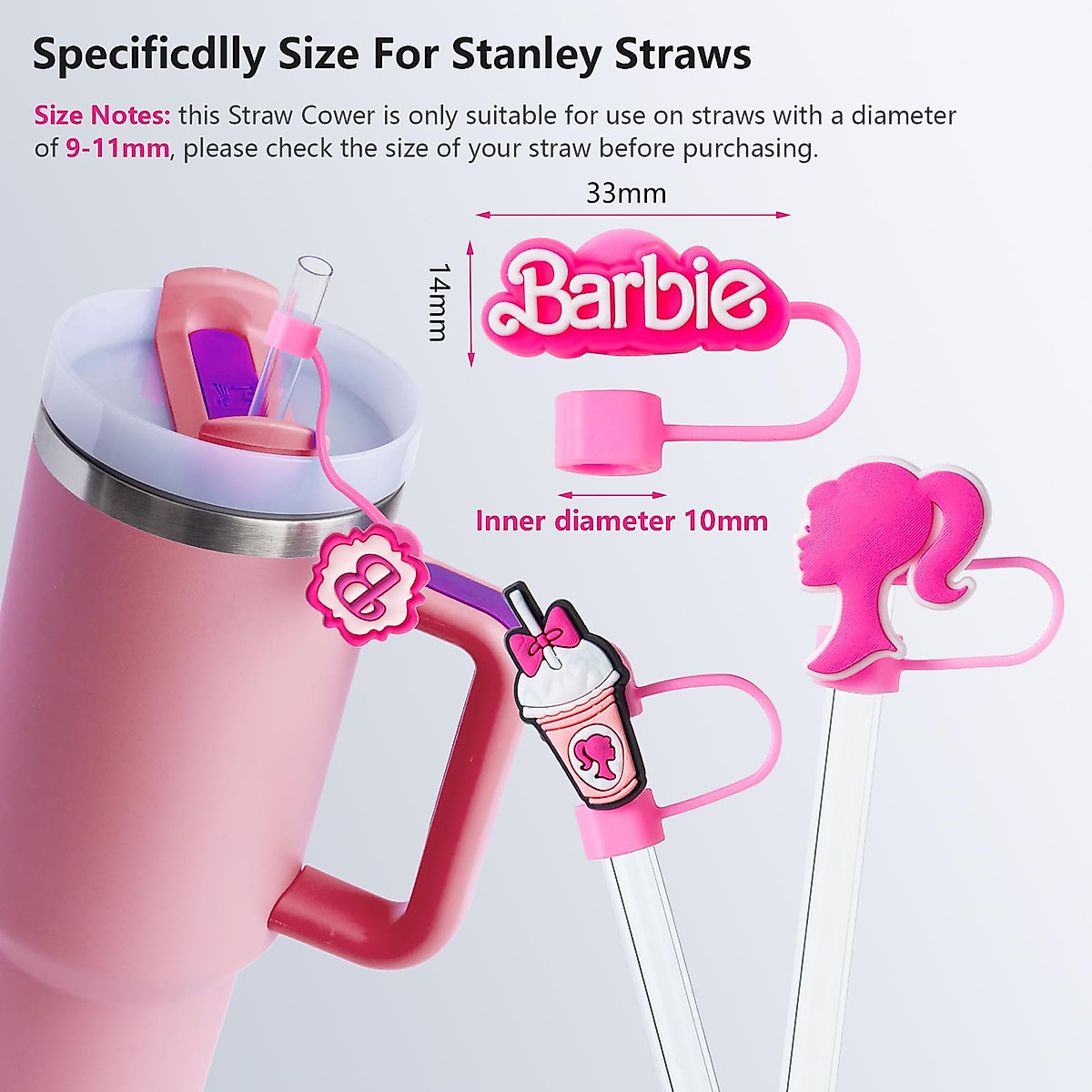 Straw Cover Cap for Stanley Cup, 6Pcs Cute Hot Pink Straw Topper Compatible with 30&40 Oz Tumbler with Handle, Reusable Silicone Straw Tip Covers as Stanley Cup Accessories(10mm)