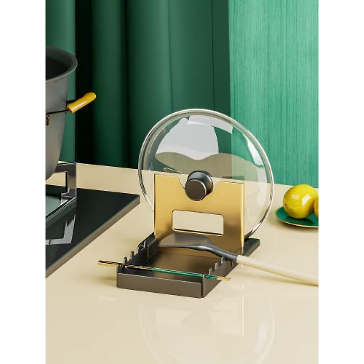 Dr.DJ Spoon Rest Pot Lids Holder, Pot Pan Lid Organizer Stand Heavy Duty, Cutting Board Rack Chopping Board Organizer Stand Spoon Rest w Drip Tray Kitchen Countertop, Stainless (Black)