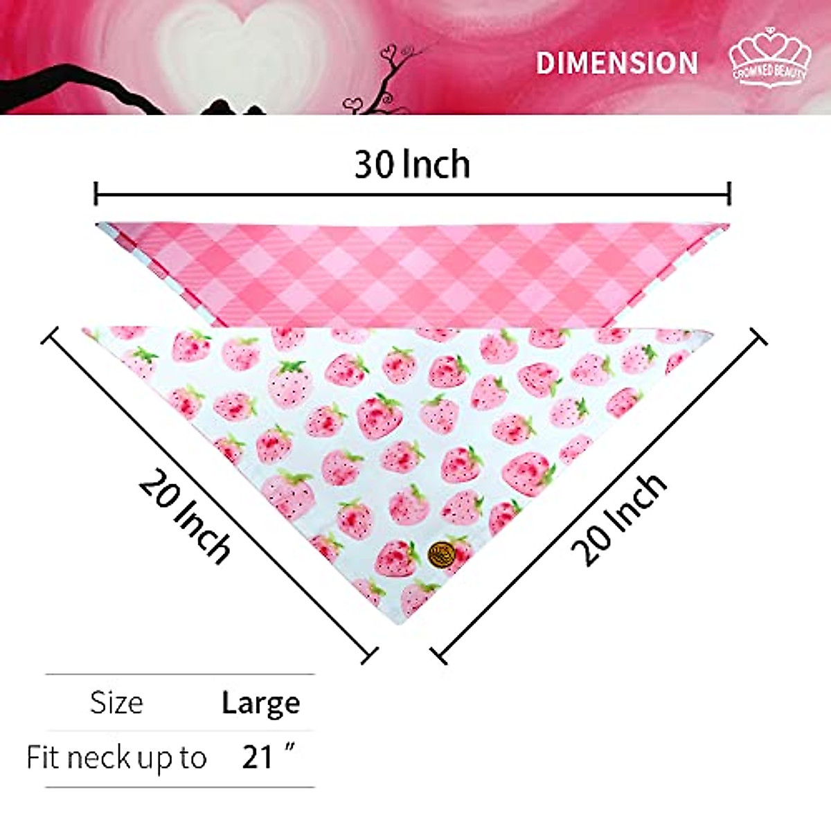 CROWNED BEAUTY Valentines Day Dog Bandanas Large 2 Pack,Pink Strawberries Adjustable Triangle Holiday Plaid Reversible Scarves for Medium Large Extra Large Dogs Pets DB13