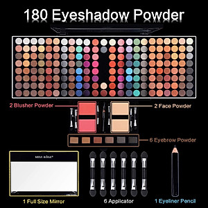 Professional Makeup Kit for Women with Mirror All In One Makeup Gift Set for Teens 180 Color Eyeshadow Palette 2 Blush 2 Powder 1 Eyeliner 4 Eyebrow Make Up Sets Matte Shimmer Mixing Pallet Eye Shadow