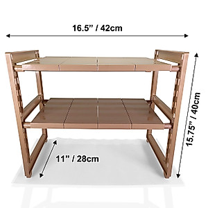 Katai - 2 Tier Under Sink Adjustable Shelf Organizer Rack in Coffee - Expandable from 15 inch to 26 inch (40cm - 70cm) with 10 Removable Shelves - Complete with Waterproof Anti-Slip Mat