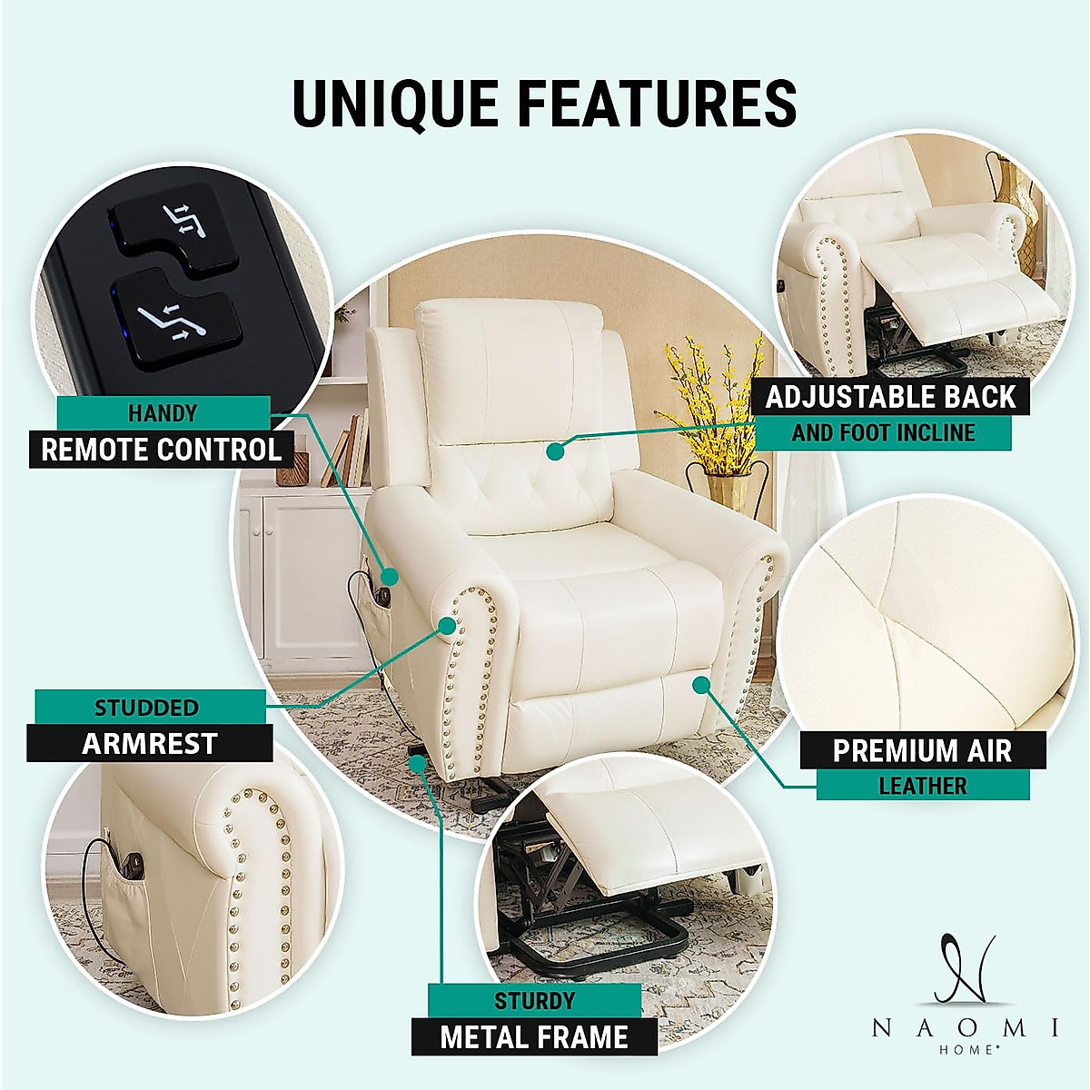 Tatiana Oversized Air Leather Power Lift Recliner Chair with Footrest, Reclining Chair with Remote Control, Premium Studded and Tufted Detailing, Side Pocket, Comfortable Power Lift Chair - Cream