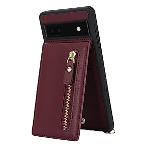 DEYHU for Google Pixel 6a Case with Card Holder for Women,for Pixel 6a Phone Case Wallet with Strap Credit Card Slots Crossbody with Kickstand Zipper Case - Red Wine