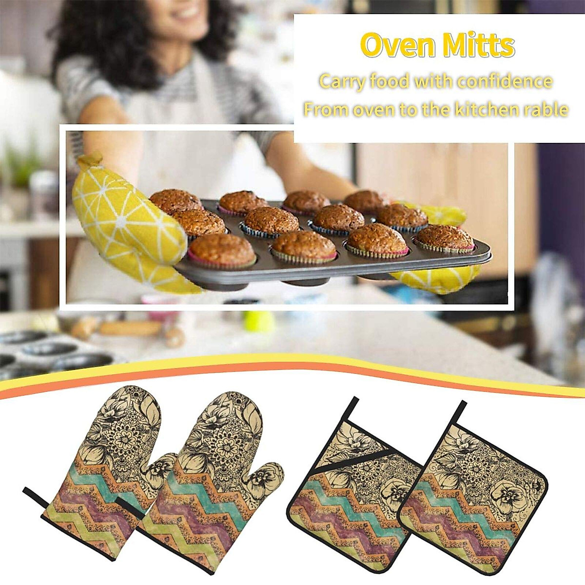 KLATIE Boho Oven Mitts and Pot Holders Sets of 4, Heat Resistant Hot Pad, Bohemian Style BBQ Gloves for Kitchen, Cooking, Baking, Grilling