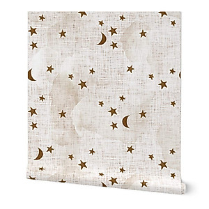 Peel & Stick Wallpaper Swatch - Dark Gold Stars Moon Night Sky Celestial Brown Copper Taupe Custom Removable Wallpaper by Spoonflower