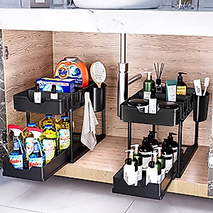 Puricon 2 Pack Clear Lazy Susan Turntable Organizer Bundle with 2 Pack Under Sink Organizers and Storage 2-Tier Double Sliding Pull-Out Drawer