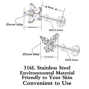 CHARMONLINE Top Push in Threadless 316L Surgical Steel Flat Back Stud for Nose Lip Stud Bone Studs Butterfly,Flower Nose Piercing Jewelry for Women Men…… (Color A, 1.2)