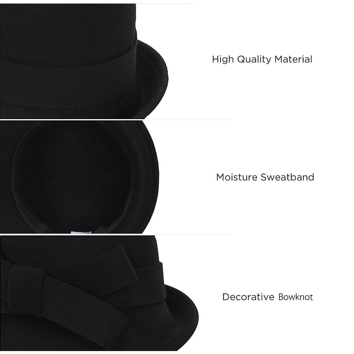 Womens Winter-Cloche-Hat 1920s Classic-Church-Dress Wool-Felt-Bucket-Hats with Flowers(M-L)