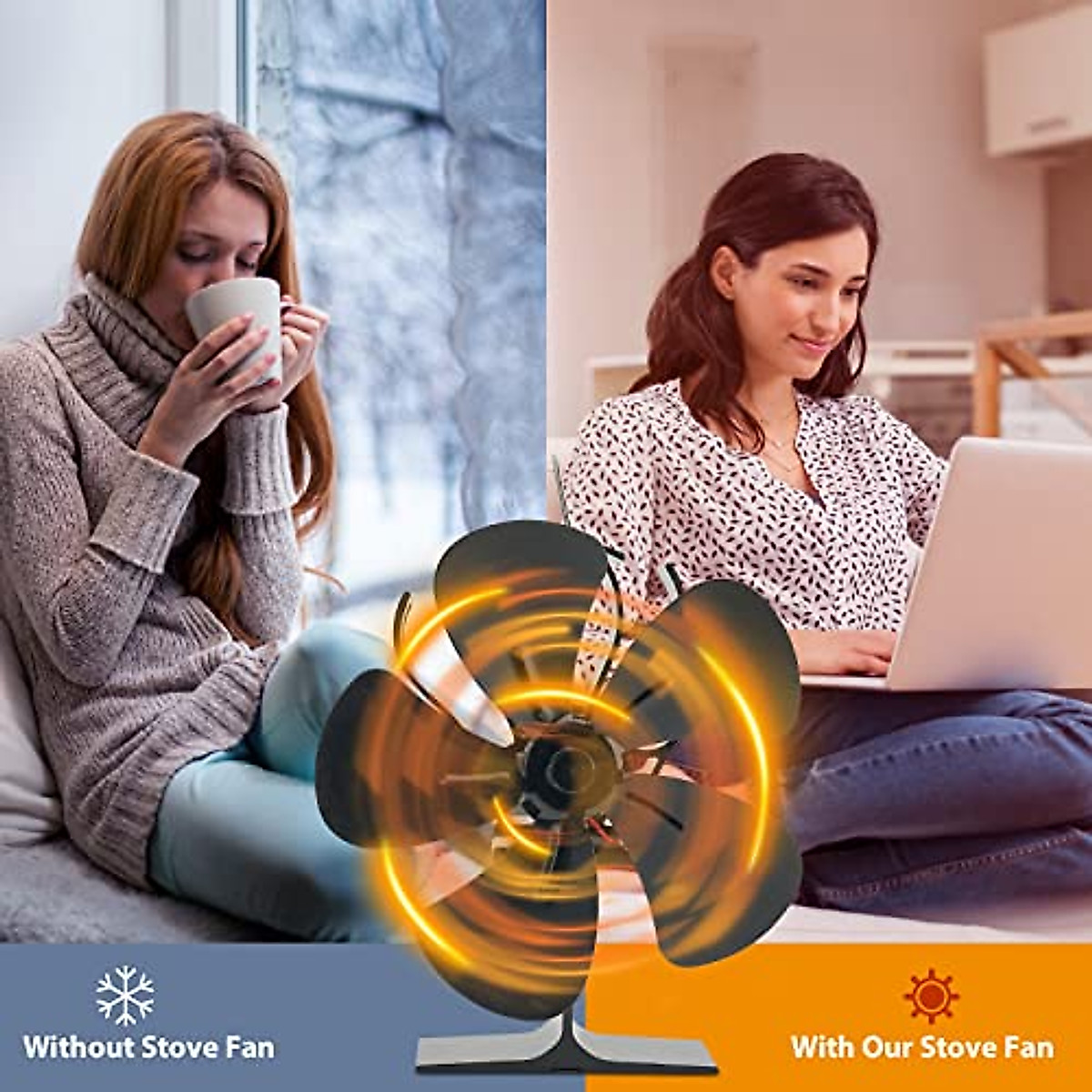 WHDPETS Wood Stove Fan Heat Powered, 5 Blade Fireplace Fan Non-Electric Fan, Silent Operation Thermoelectric Eco Fans for Home/Wood/Log Burner/Fireplace (Include Stove Thermometer)