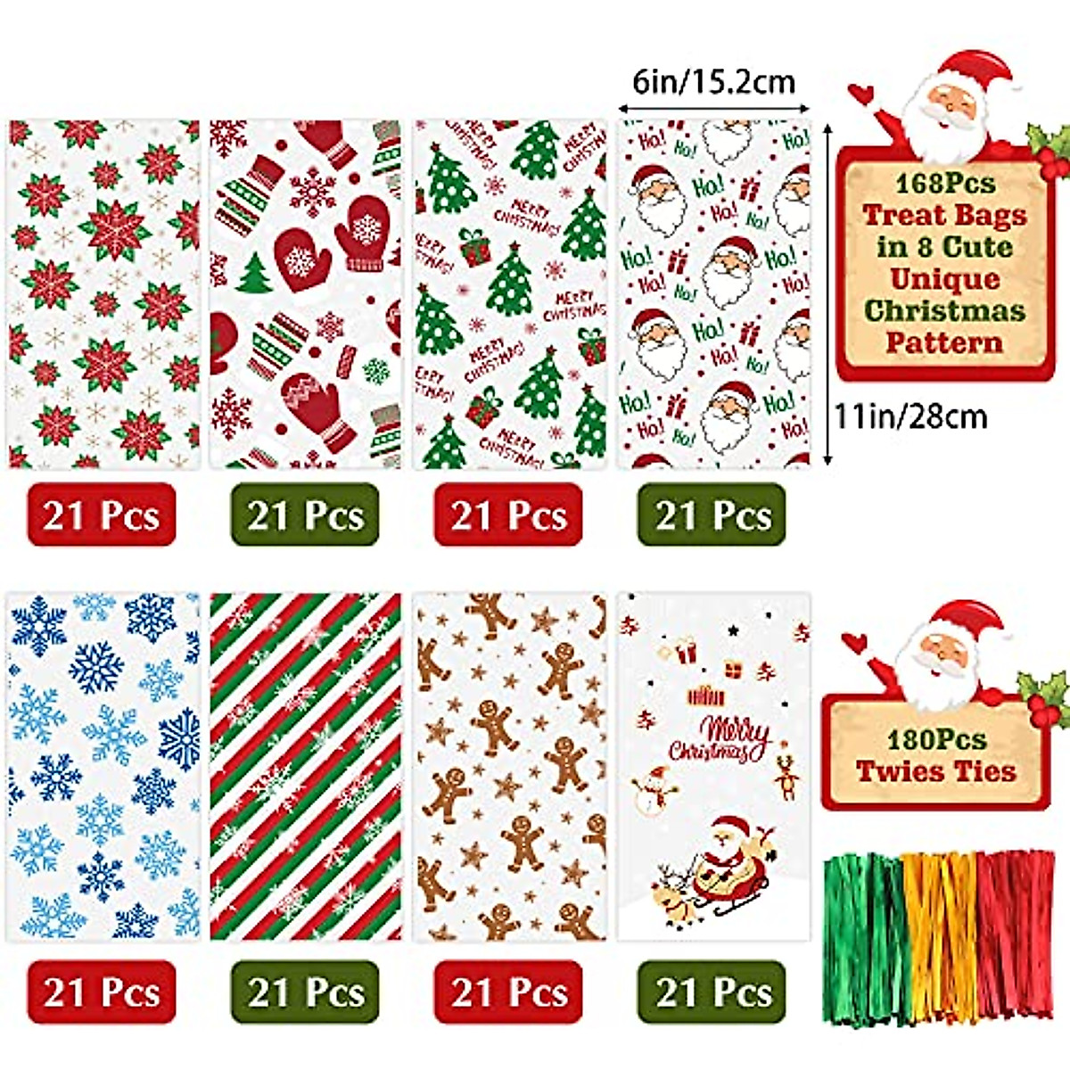SUPERLELE Christmas Cellophane Bags 168pcs Christmas Treat Bags with 180pcs Twist Ties 8 Assorted Styles Christmas Candy Bags Sled and Woollen Gloves Pattern Snack Bags for Christmas Party Supplies