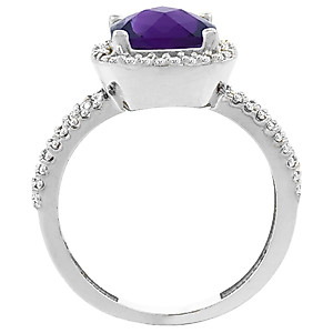 PIERA 14K White Gold Natural Amethyst Ring Cushion-cut 8x8 mm 2-row Diamond Accents, size 7