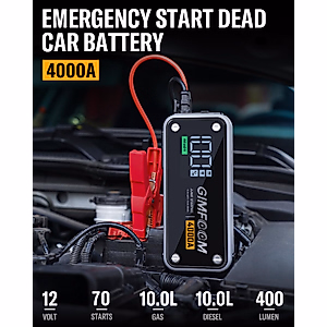 GIMFOOM Jump Starter, 4000A Car Battery Jump Starter with Wall Charger (10L Gas & 10L Diesel Engines), 12V Jump Starter Battery Pack with 3.4 Inch Smart Display, Jump Box with 400 Lumens LED Light