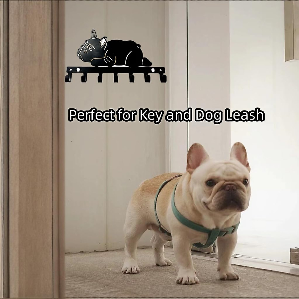 Ctpeng Dog Leash Holder for Wall,Decorative Leash Holder Wall Mount with 7 Hooks,Black Metal Key Organizer Rack Dog Leash Hanger for Entryway,Front Door,Hallway ＆ Office(10.83X6.1 inches)