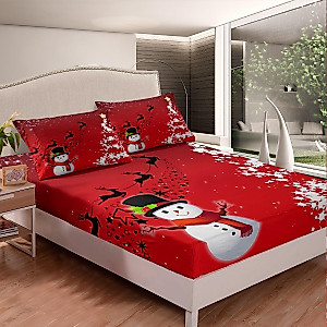 Christmas Tree Bed Sheets Full Size for Girls & Boys - Merry Christmas Fitted Sheet with Snowman & Elk Design - Happy New Year & Xmas Bedding Set - Red