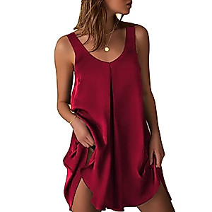 Ekouaer Womens, Silk Sleeveless Nightgown Nightshirt, Sleeping Gowns, Comfy V Neck, Satin Lingerie, Sleepwear Nightie, Wine, Medium