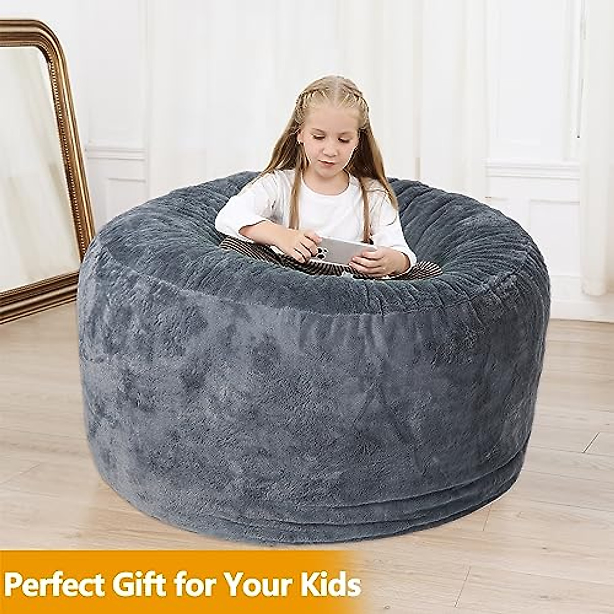 Bean Bag Chair Cover (No Filler), Adult Beanbag Chair Outside Cover Big Round Soft Fluffy Faux Fur Beanbag Lazy Sofa Bed Cover (Grey,4FT)
