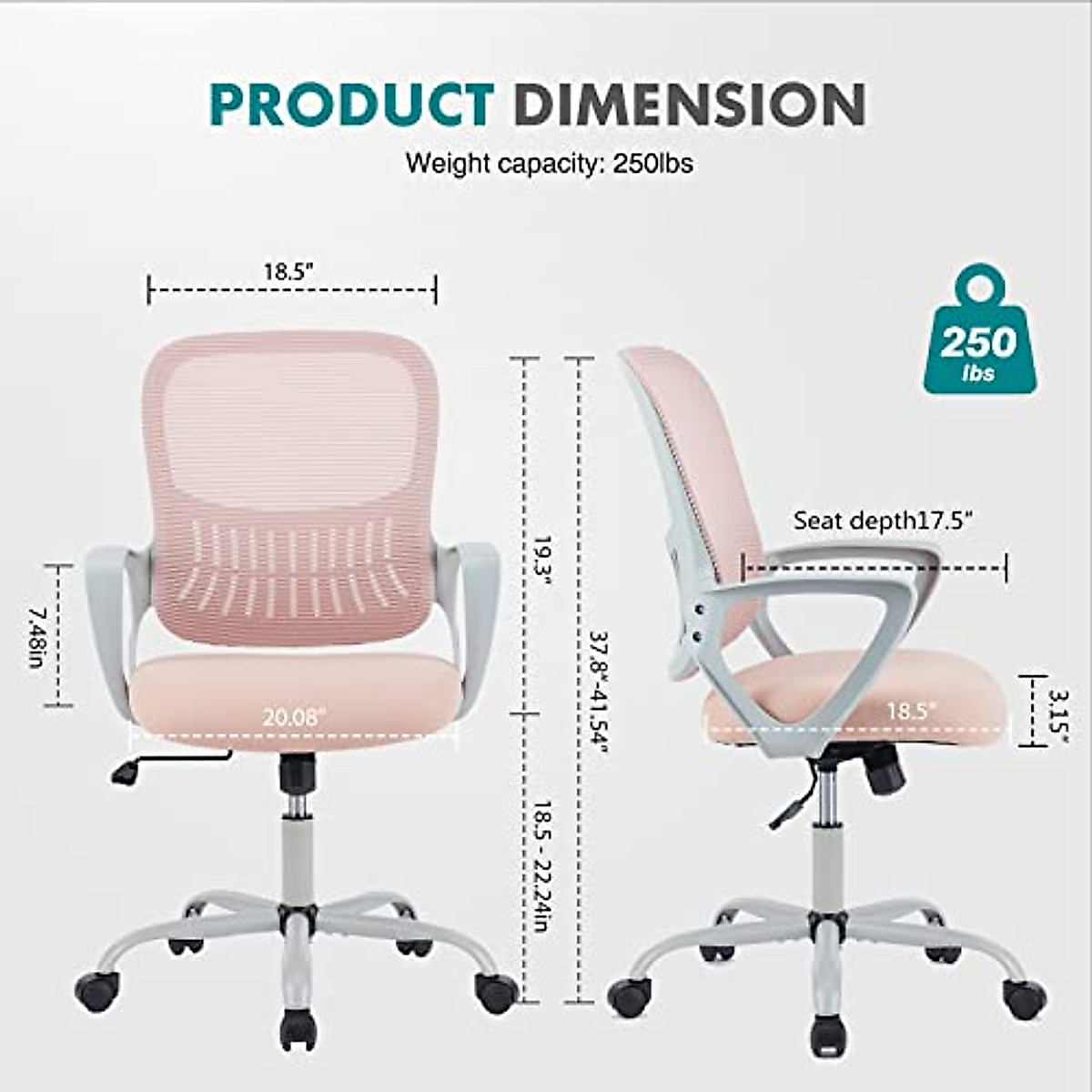 Office Chair Mid Back Desk Chair Ergonomic Mesh Computer Gaming Chair with Larger Seat, Executive Height Adjustable Swivel Task Chair with Lumbar Support Armrest for Women Adults
