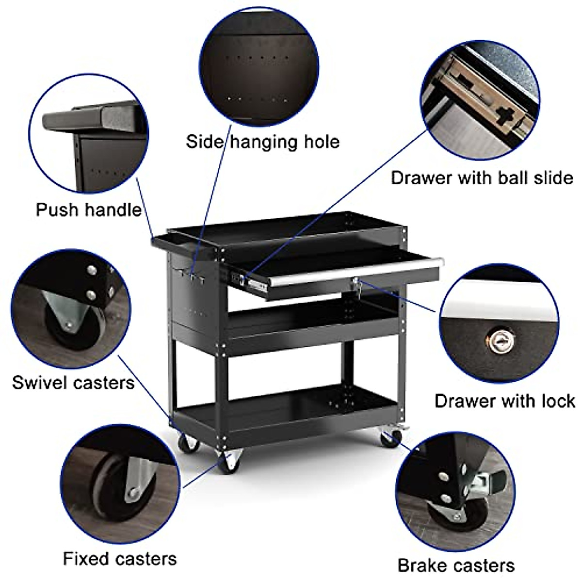 3-Tier Tool Cart Rolling Mechanic Service Cart on Wheels with Drawer, 330lbs Capacity Utility Cart, Big Rolling Tool Storage Cart and Tool Organizer for Garage Warehouse Workshop and Room (Black)