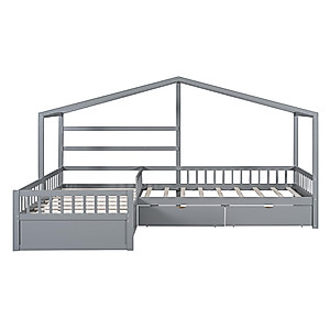 HAWWHOME L-Shaped Platform Bed with 3 Storage Drawers, Twin Size House Platform Bed Frame with Sturdy Slat Support, 2 in 1 Platform Bed for Kids Teens Boys Girls Bedroom