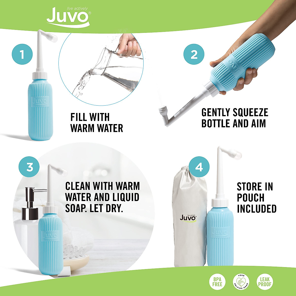 Juvo Peri Bottle Kit | Portable Travel Bidet, Handheld Squeeze Bottle with 2 Spray Nozzles, Cap and Storage Bag, Upside Down Use, 13.5 oz, Blue, 1-Pack