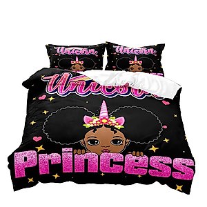 LUVIVIHOME 2PCS Unicorn Afro Princess Bedding Set, Pink Black Duvet Cover Twin, Kids Toddler Girls Bedding, African American Girl Cute Black Girl Magic Comforter Bedspread Quilt Cover, 1 Pillow Case