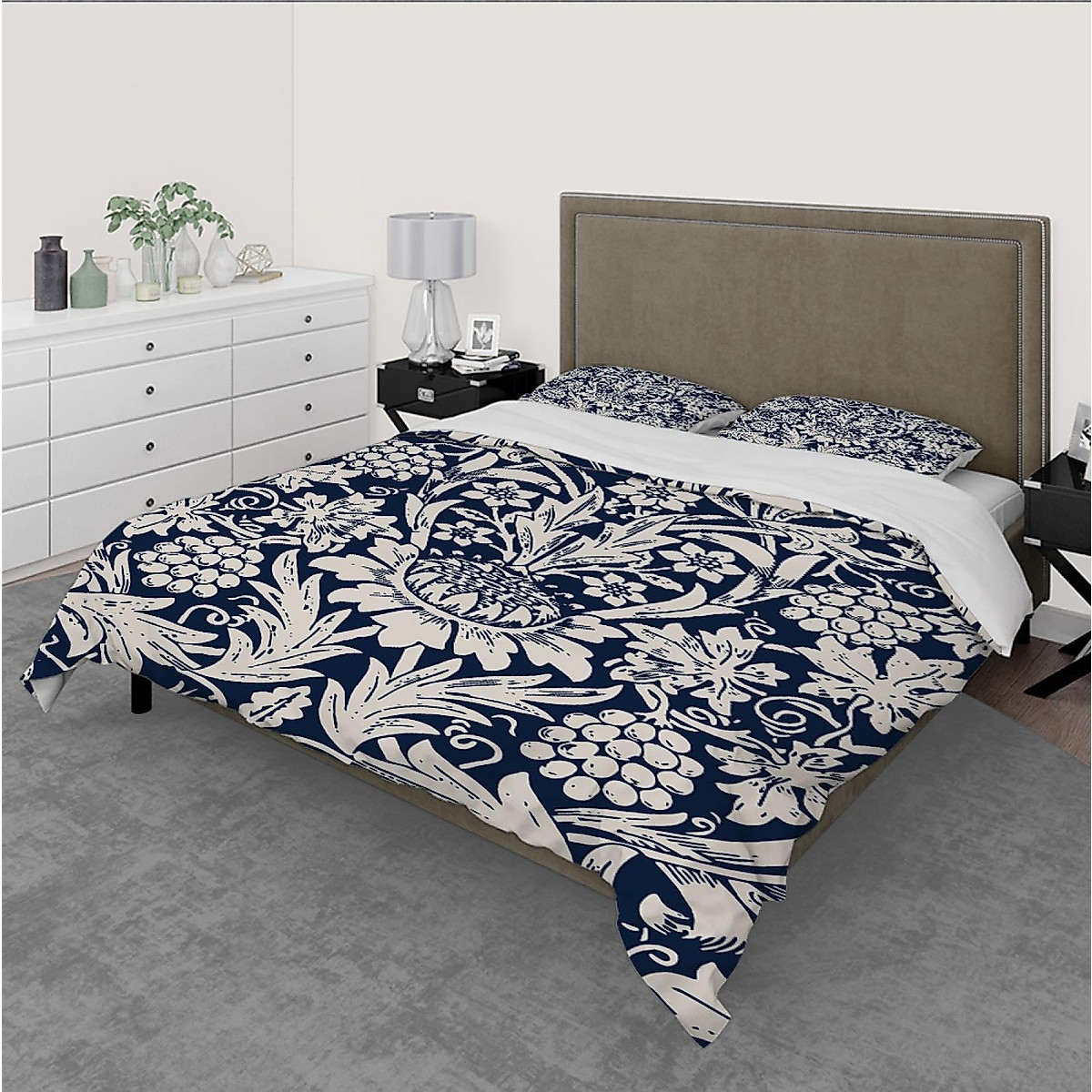 RIVINE Willam Morris Style Duvet Cover Set 3 Pieces Sunflowers Iris (Blue) Pattern Soft Bedroom Bedding Set with 2 Pillow Shams Zipper 4 Ties Full